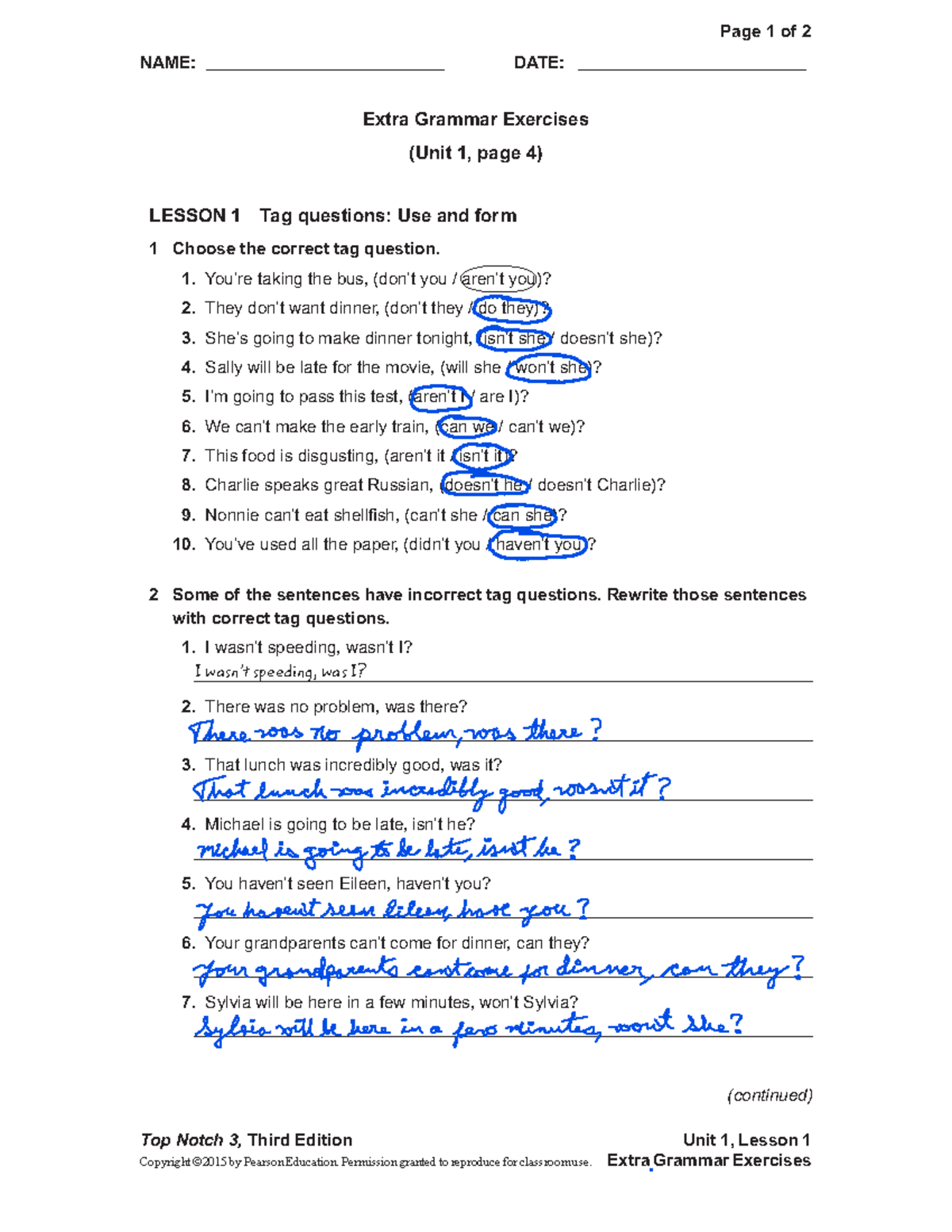 Top Notch 3 Unit 1: Extra Grammar Exercises and Tag Questions - Studocu