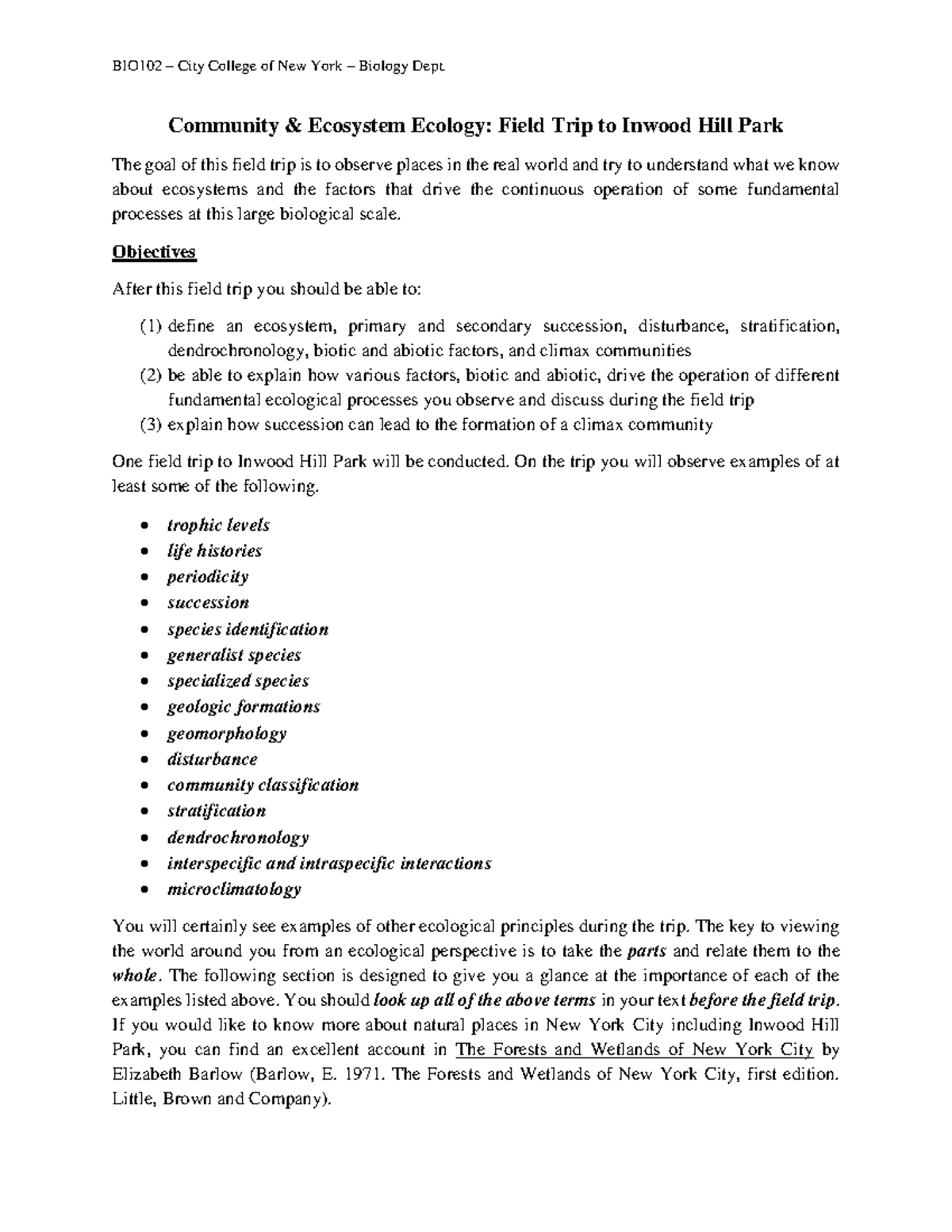 Field Trip Notes: Community & Ecosystem Ecology for BIO102 - Studocu