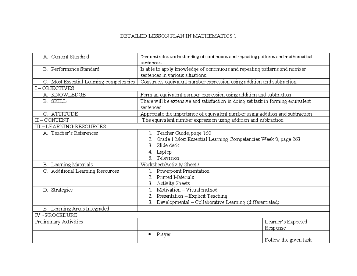 Detailed Lesson Plan for Mathematics 1: Equivalent Expressions - Studocu