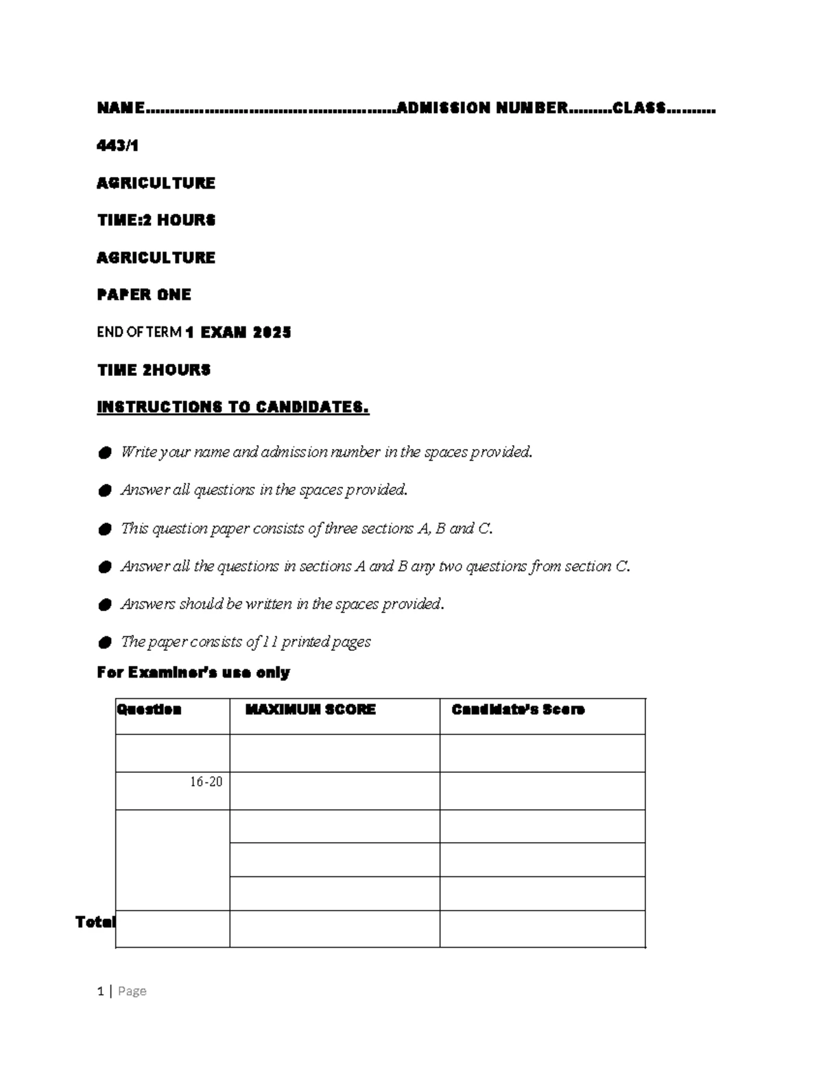 END TERM 1 EXAMS AGRICULTURE F3 MARKING SCHEME 2025 - Studocu