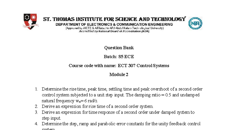 ECT 307 Control Systems Module 2 Question Bank - Studocu