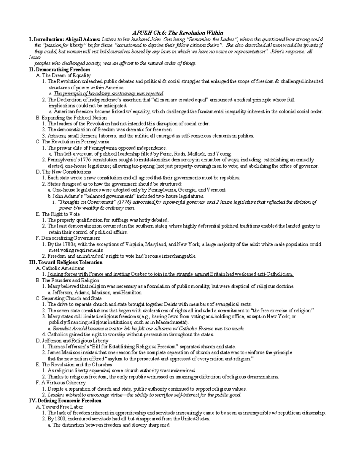 APUSH Ch. 6 Outline: The Revolution Within and Its Impacts - Studocu