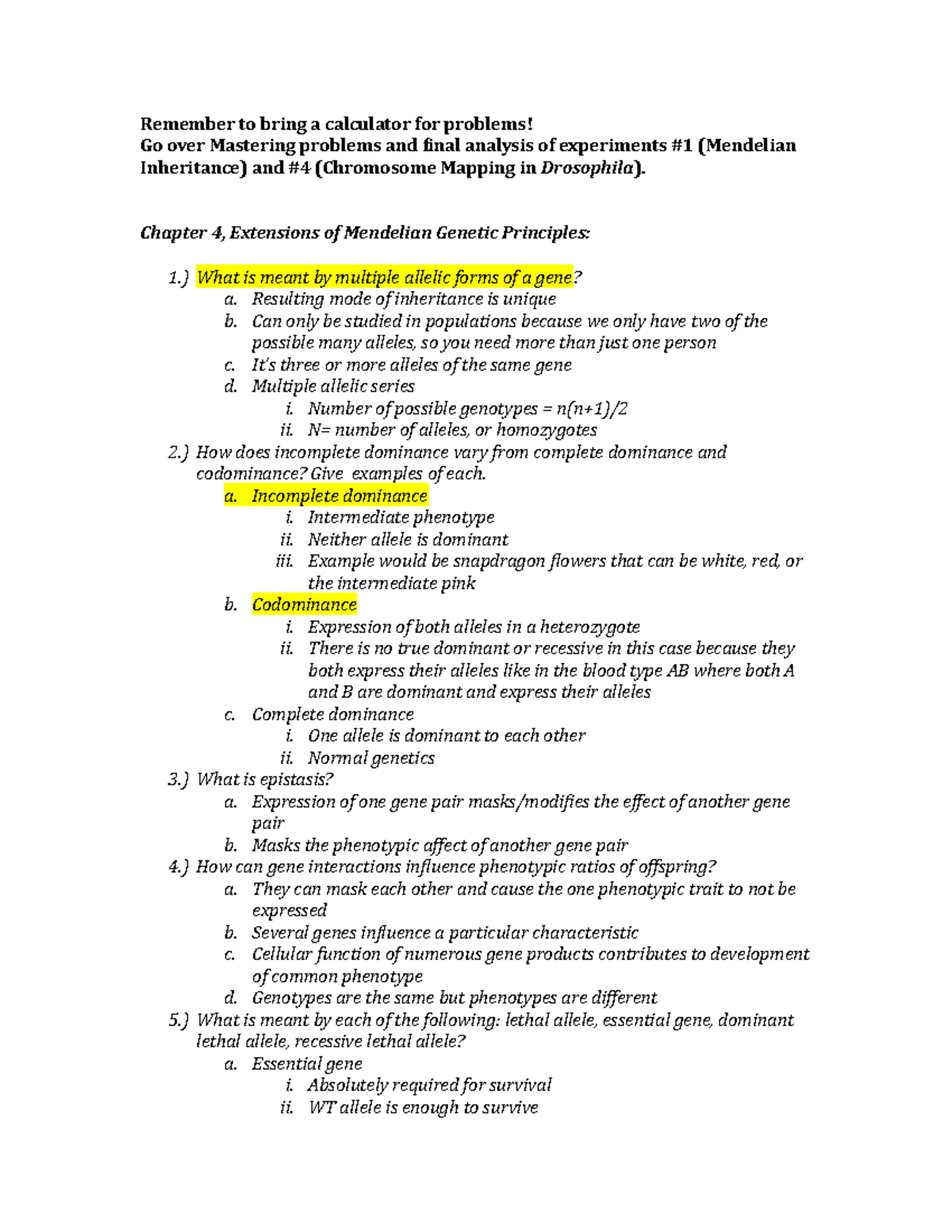 Genetics Exam 2 Study Guide - Remember to bring a calculator for ...