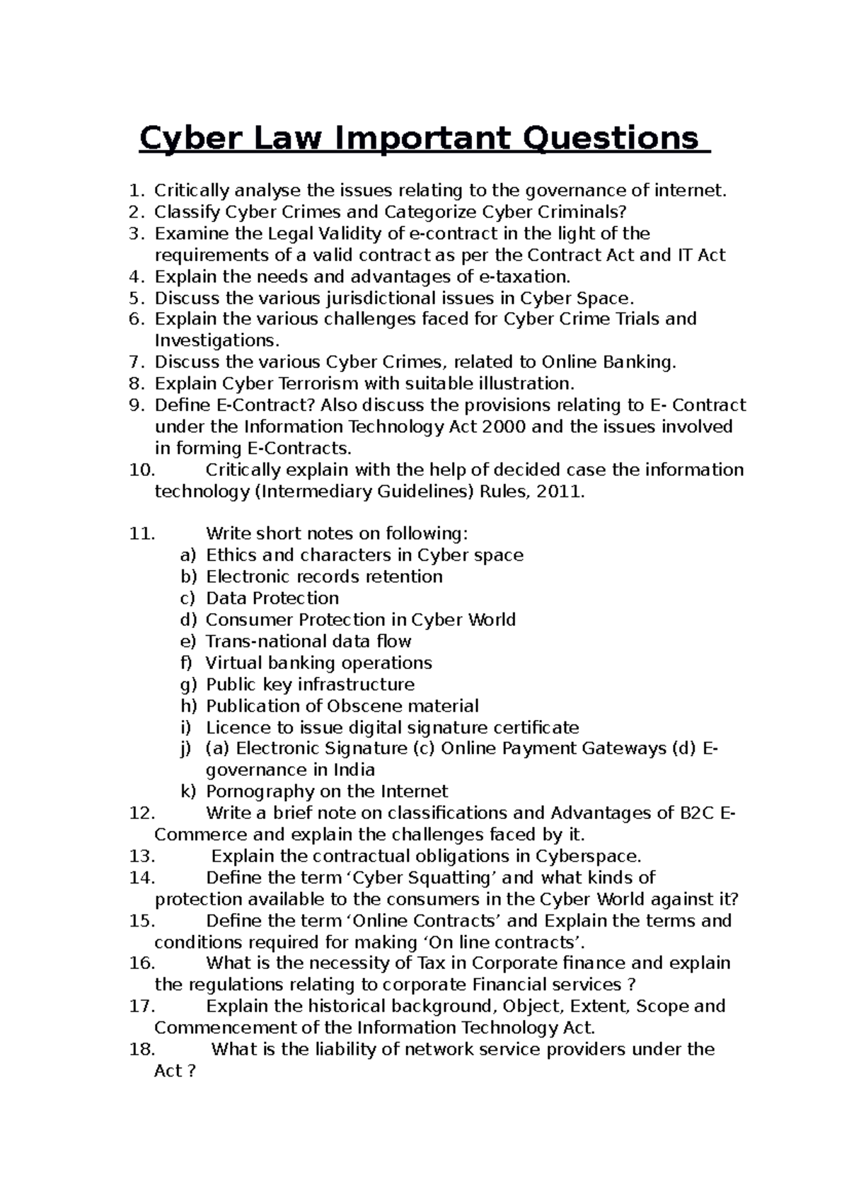 Cyber Law Exam Questions: Key Topics and Legal Issues - Studocu