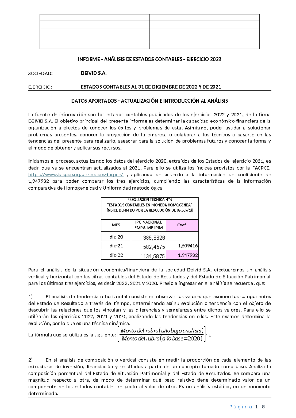 TP 1 - Contabilidad Superior: Análisis de EECC Deivid S.A. 2022-2021-2020 - Studocu