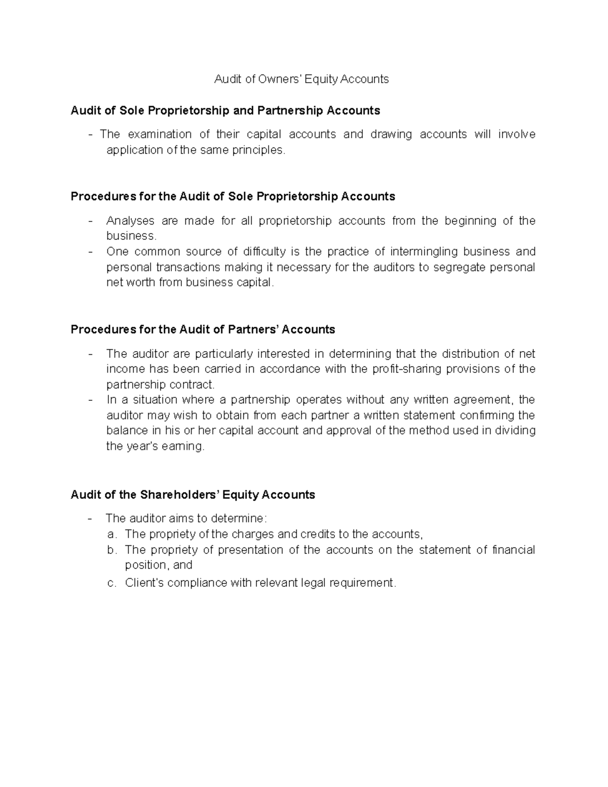 Audit of Owners’ Equity Accounts - Procedures for the Audit of Sole ...