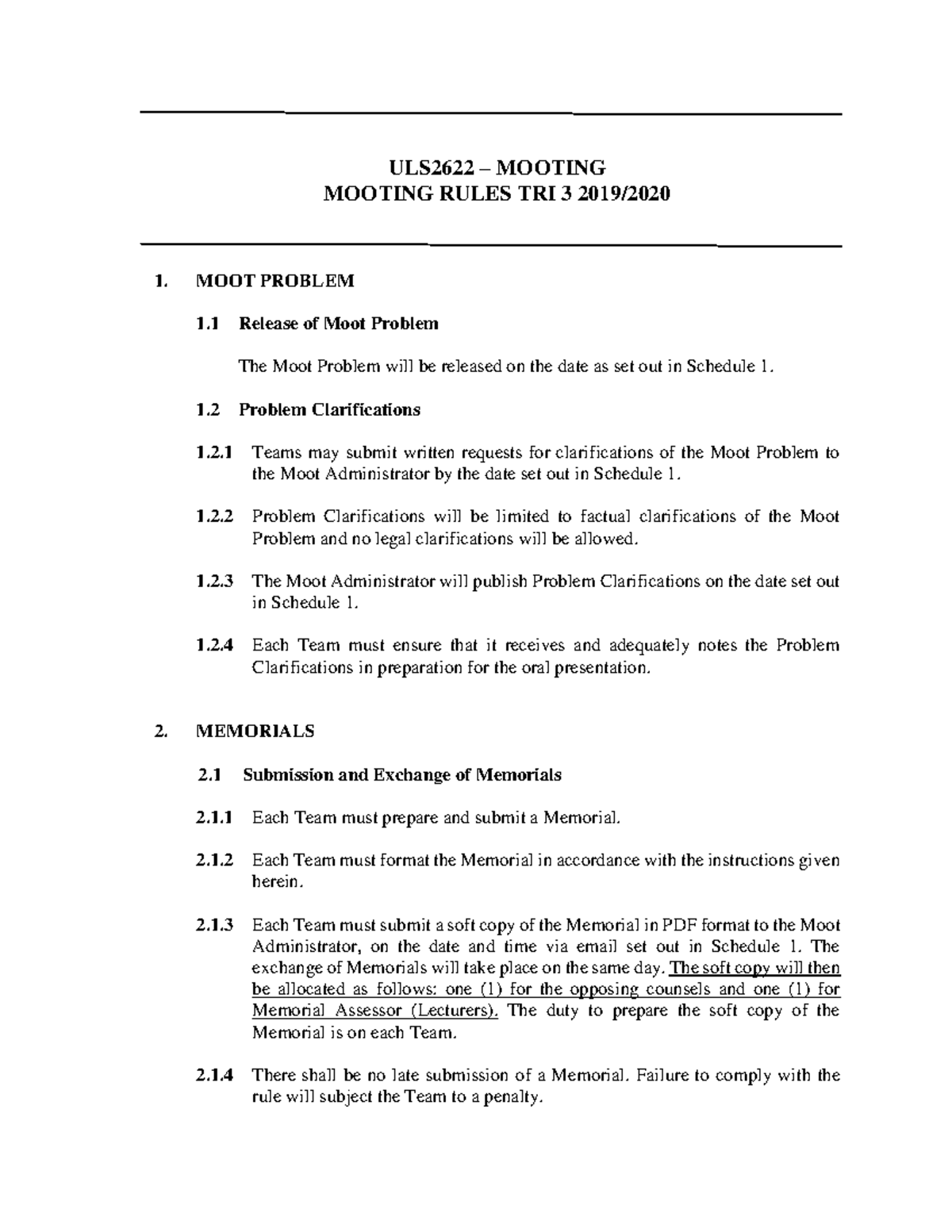 ULS 2622 Mooting Rules and Guidelines for Tri 3 2019/2020 - Studocu