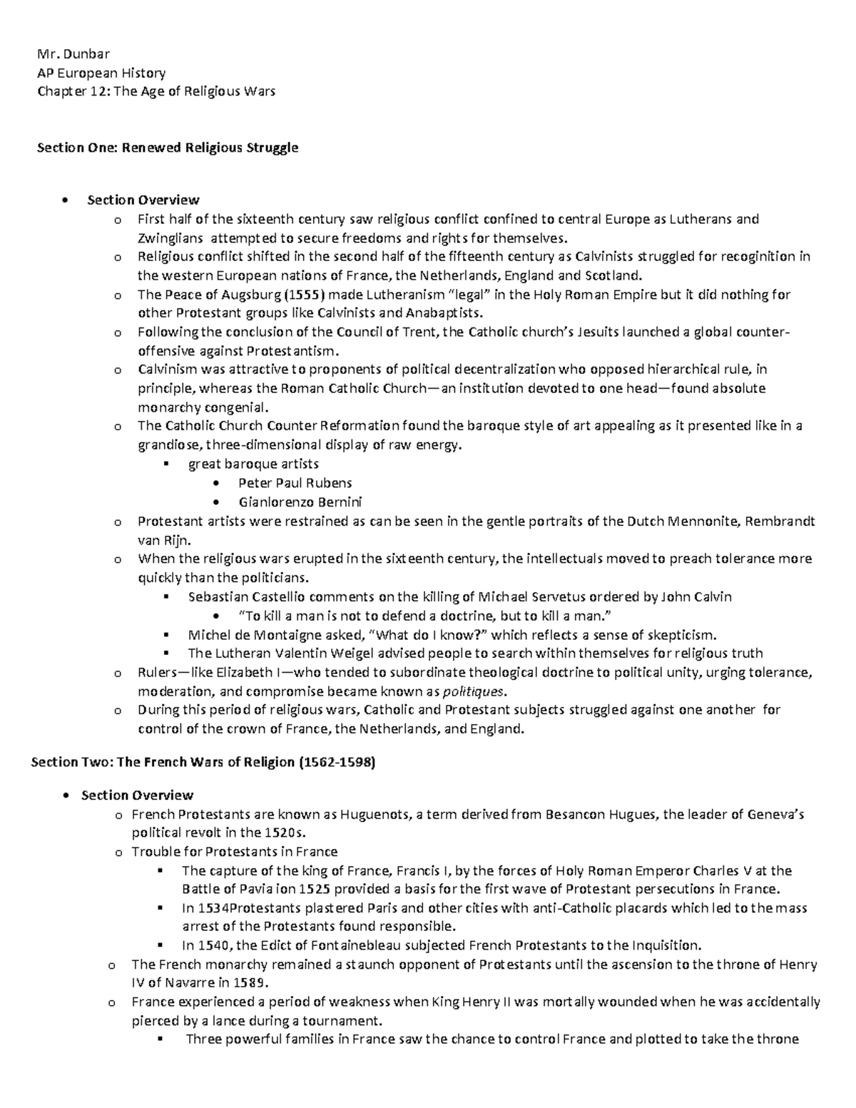 Mr. Dunbar AP European History Chapter 13: The Age of Religious Wars ...