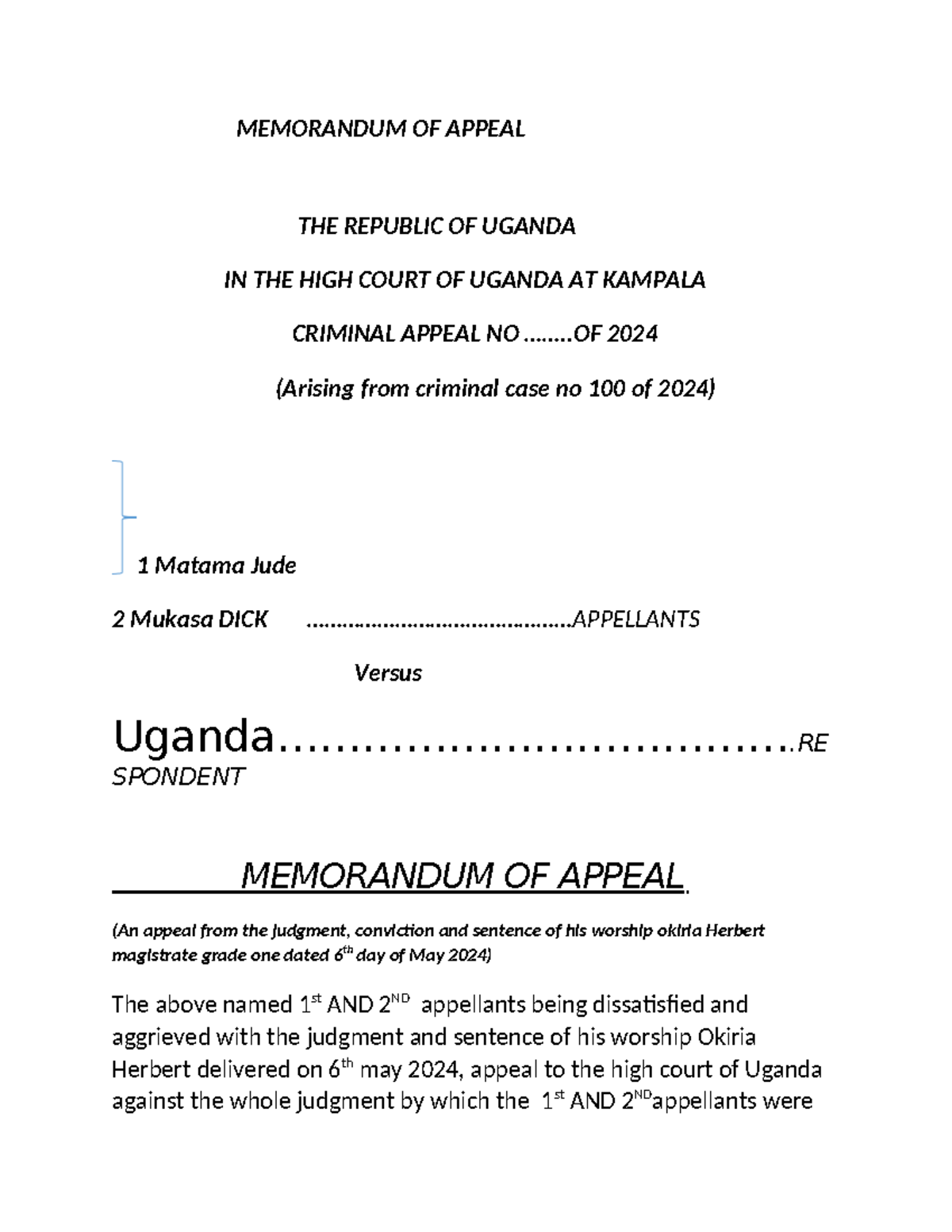 Criminal Appeal Memorandum - CRIMINAL APPEAL NO 100 of 2024 - Studocu