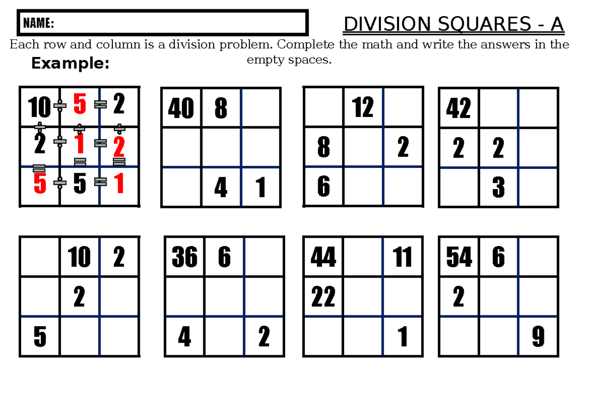 Division Squares - Activity sheets. - DIVISION SQUARES - A Each row and ...