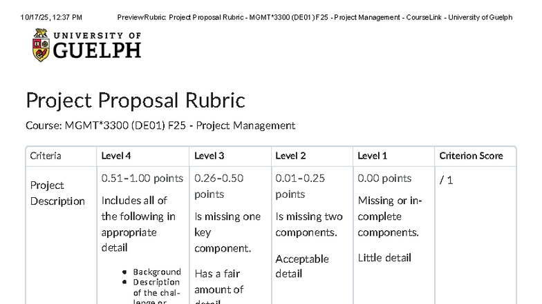 Project Proposal Rubric (DE01) F25 - Project Management Evaluation - Studocu