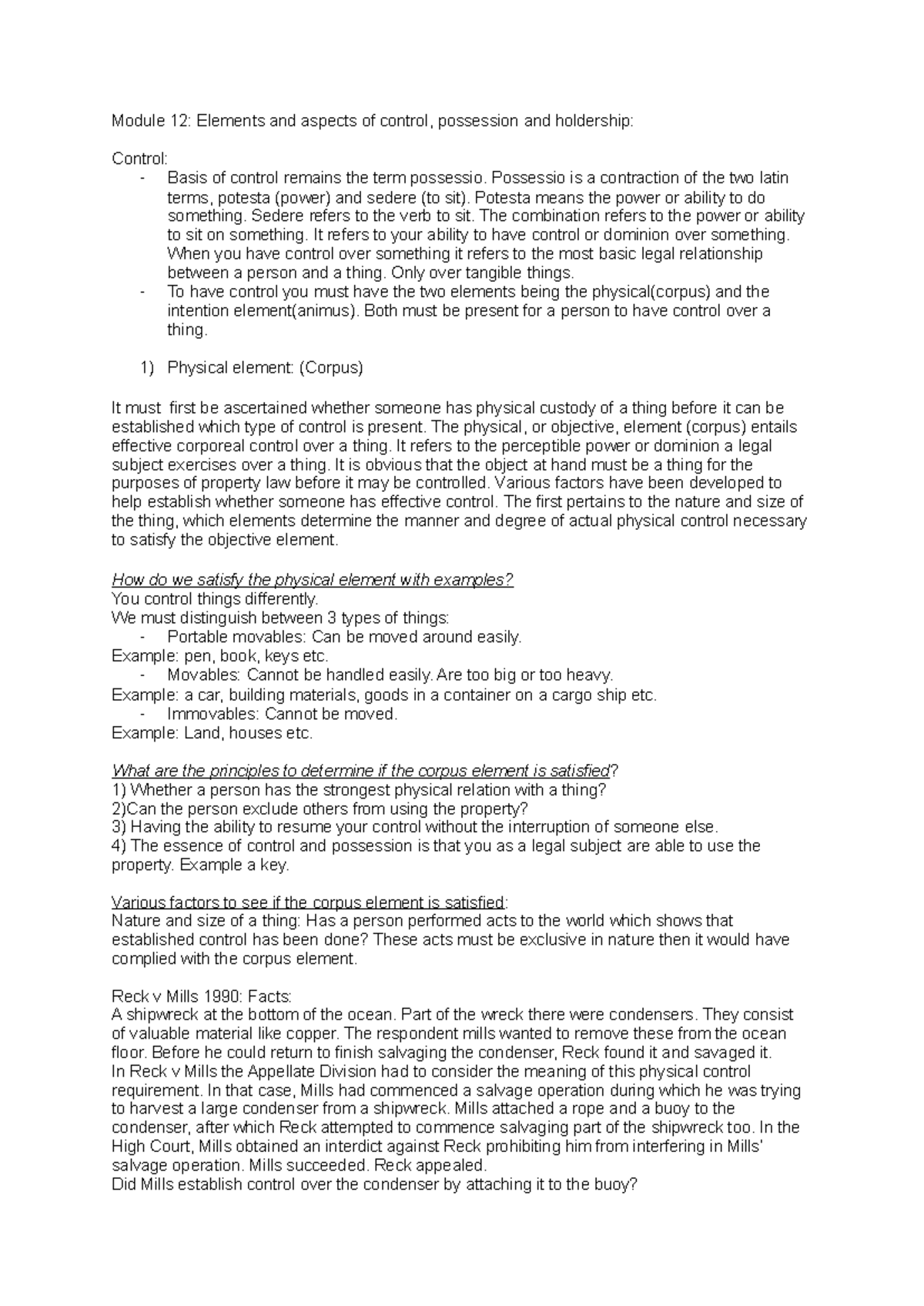 Module 12 - Elements of Control, Possession, and Holdership Notes - Studocu