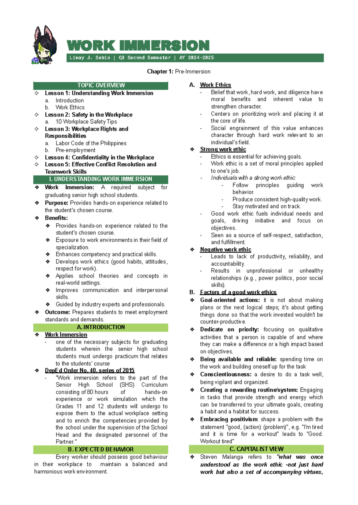 Work Immersion Q3: Overview, Ethics, Safety & Rights in the Workplace ...