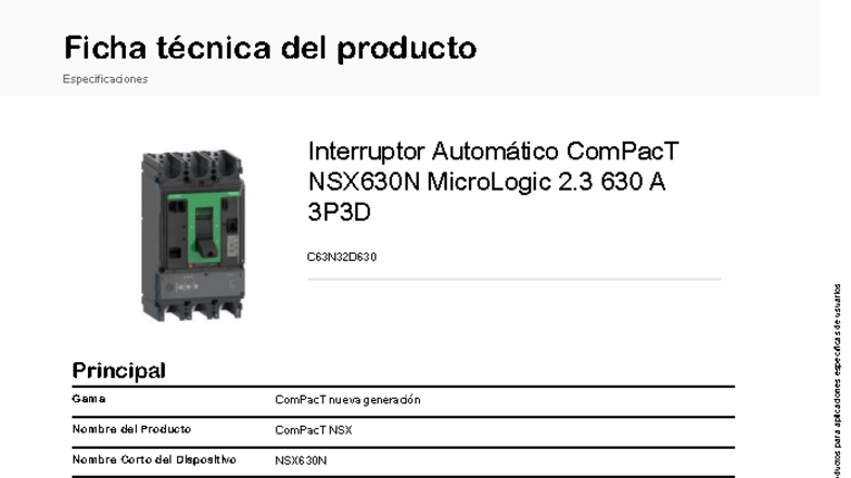 Ficha Técnica del Interruptor Automático ComPacT NSX630N C63N32D630 ...