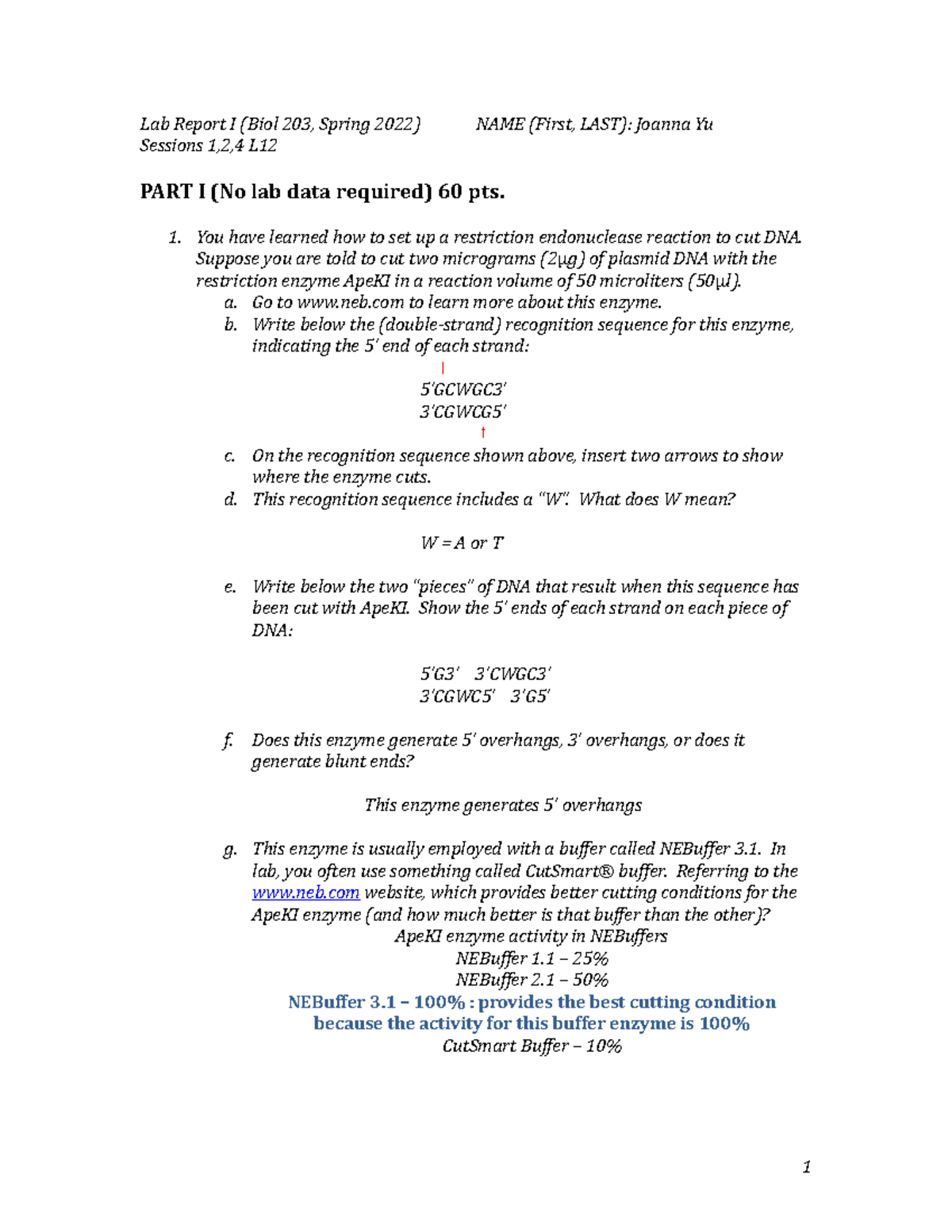 BIOL 203 LAB Report 1 - Lab Report I (Biol 203, Spring 2022) NAME ...