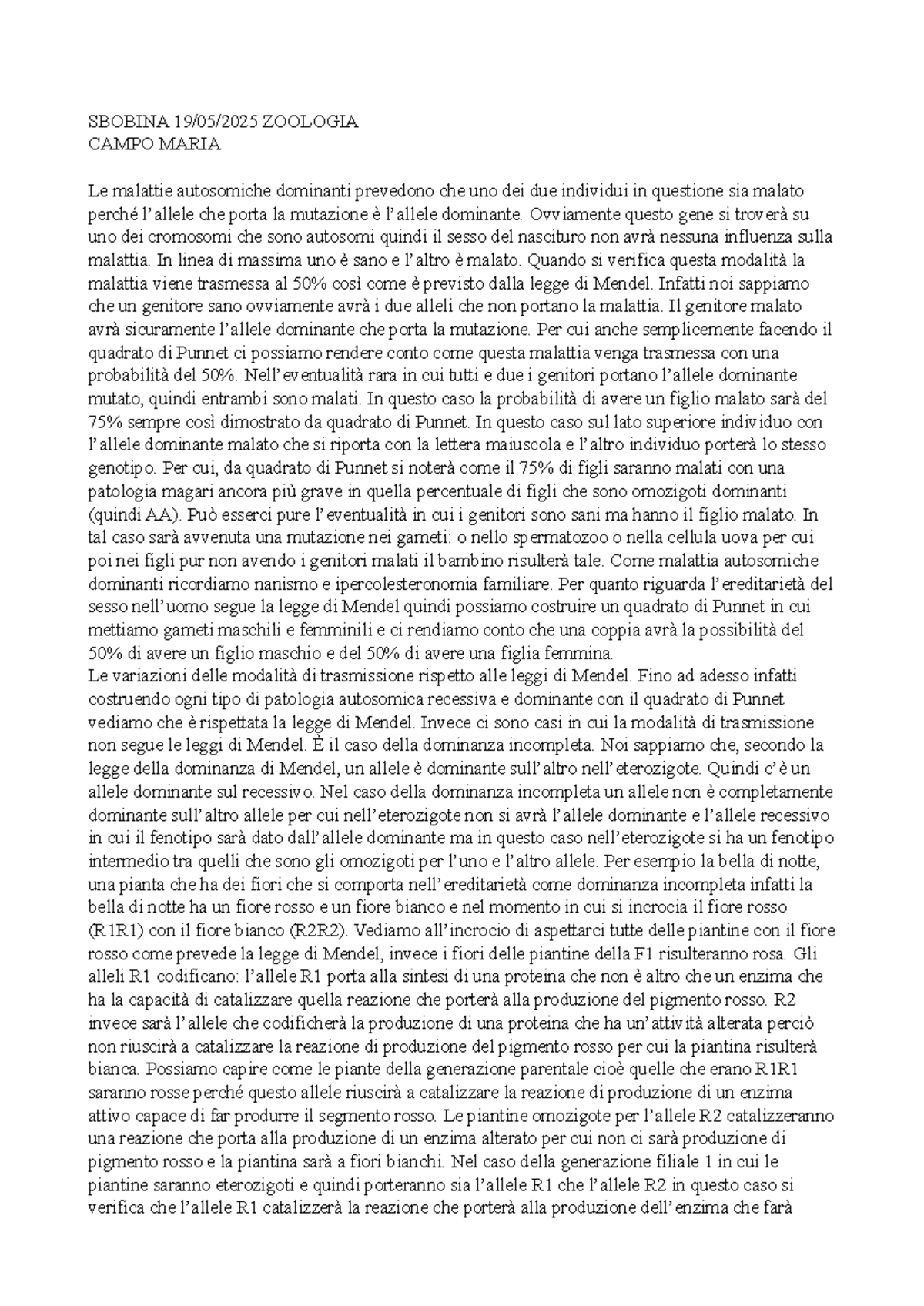 SBOBINA ZOOLOGIA: Malattie Autosomiche e Dominanza Incompleta - Studocu