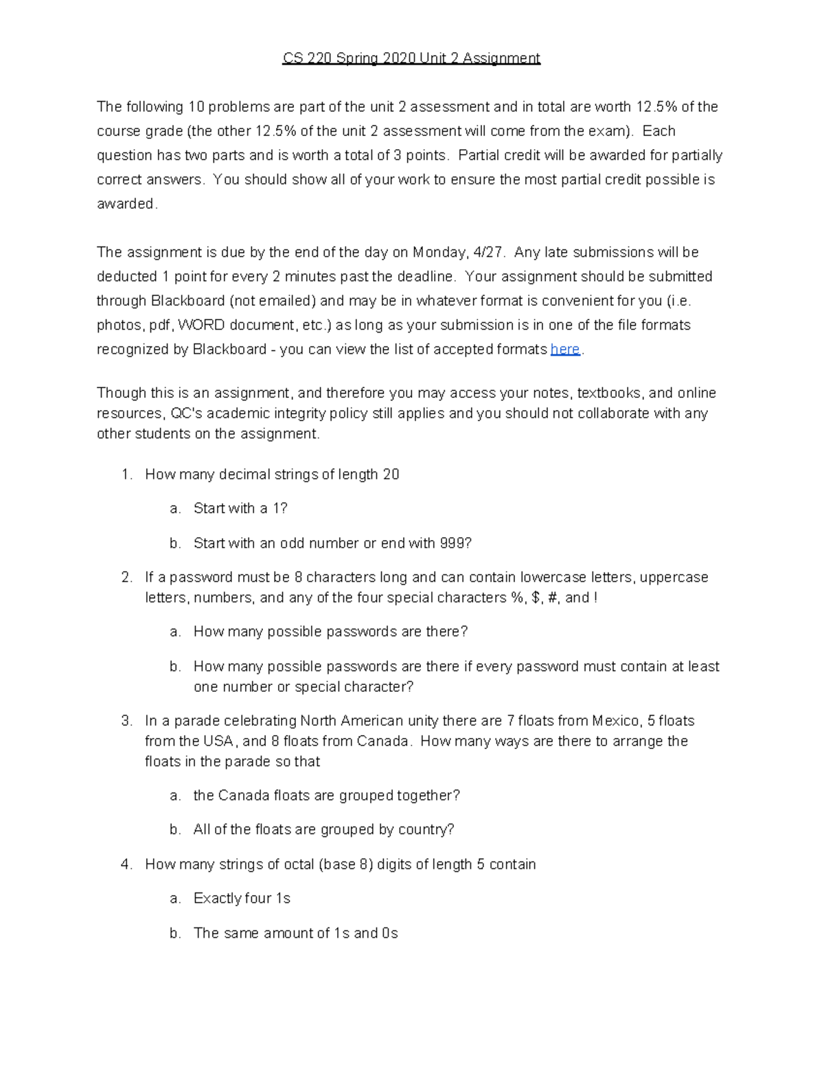 CS 220 Spring 2020 Unit 2 Assignment Details and Questions - Studocu