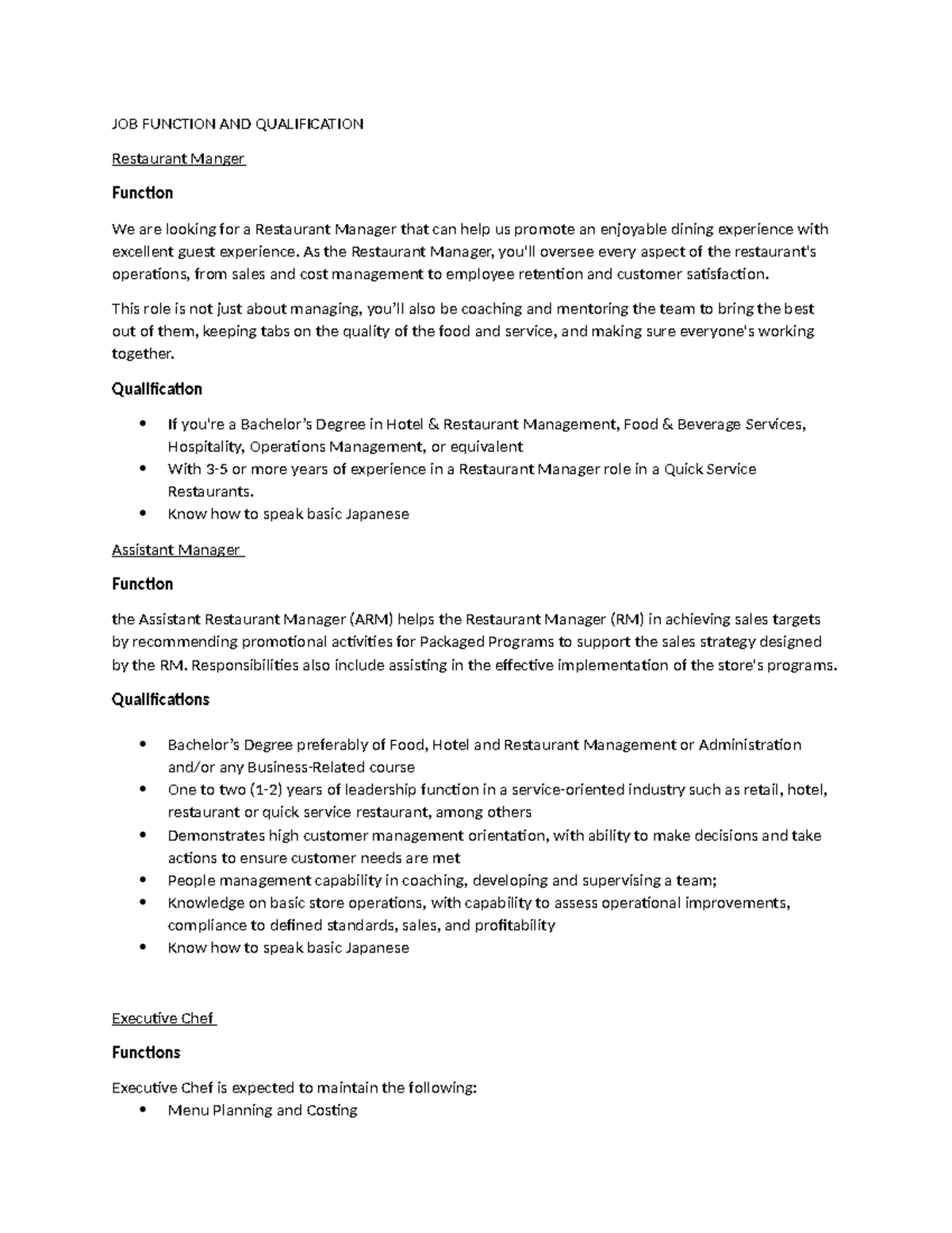 Restaurant Management Roles & Qualifications Overview - Studocu