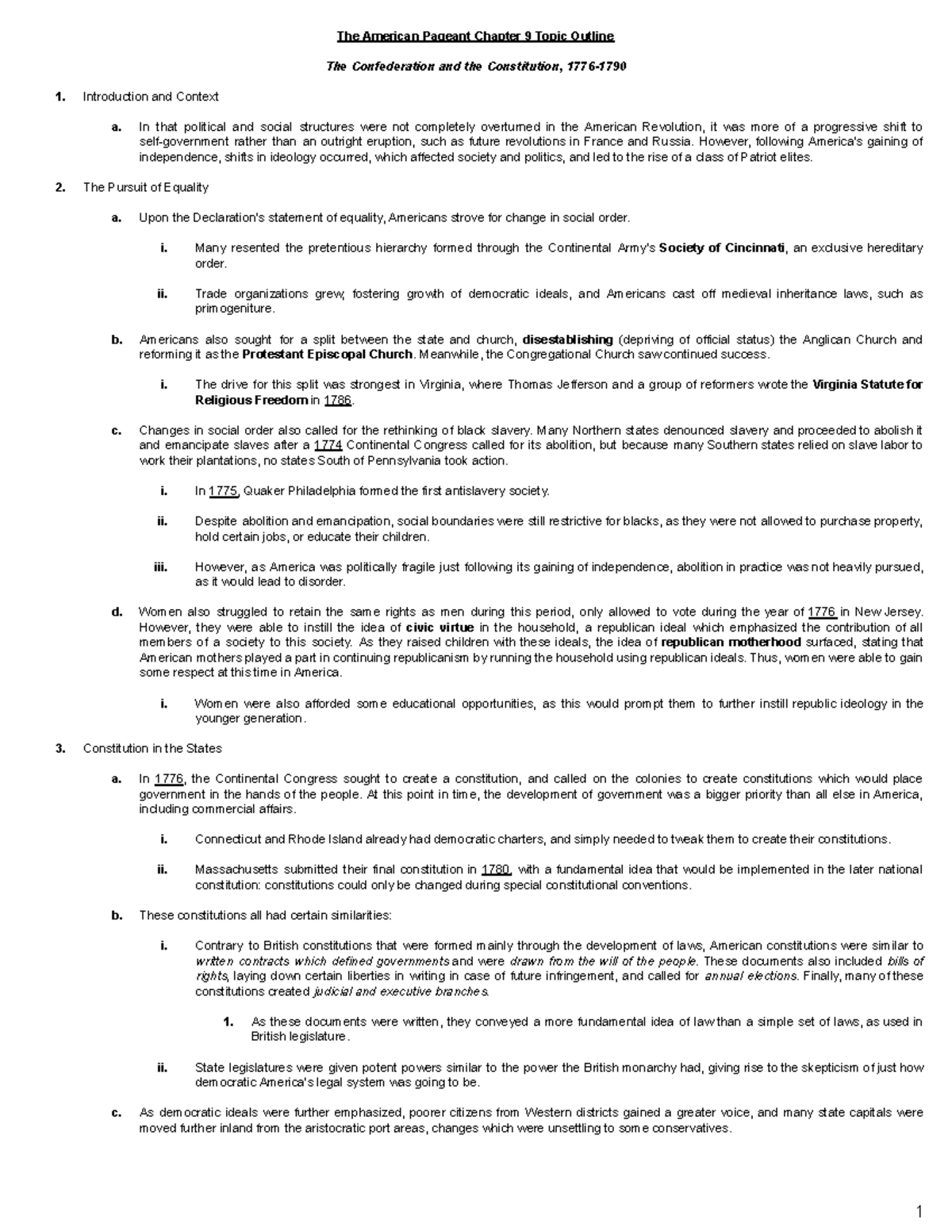 APUSH Chapter 9: The Confederation & Constitution Outline - Studocu