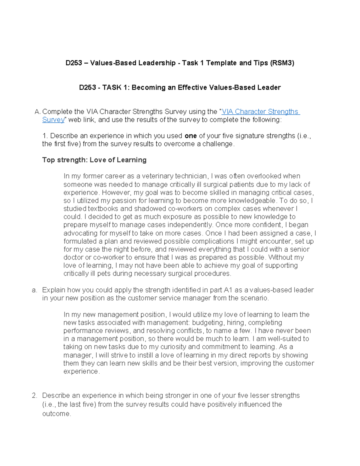 D253 RSM3 Task 1: Leadership Development and Character Strengths - Studocu