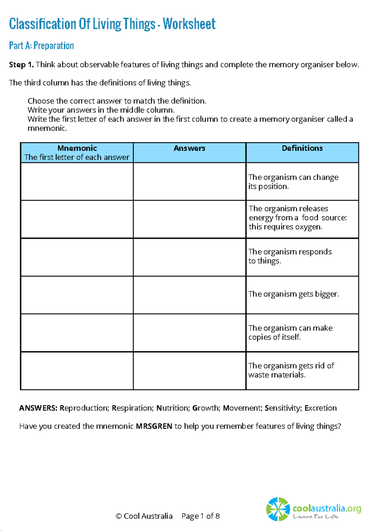 Classification of Living Things Worksheet: Mnemonics & Observations ...