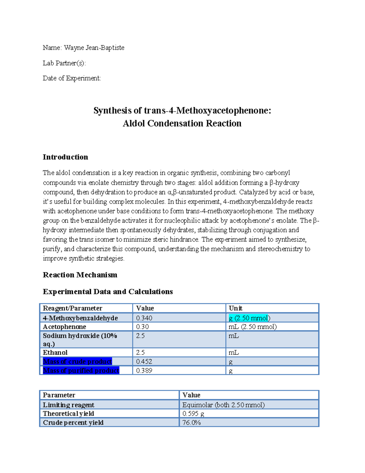 Aldol Condensation Lab Report (CHEM 101) - Synthesis & Analysis - Studocu