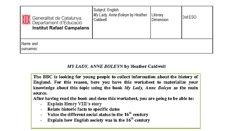 English Literature Study: My Lady, Anne Boleyn - 3rd ESO Worksheet ...