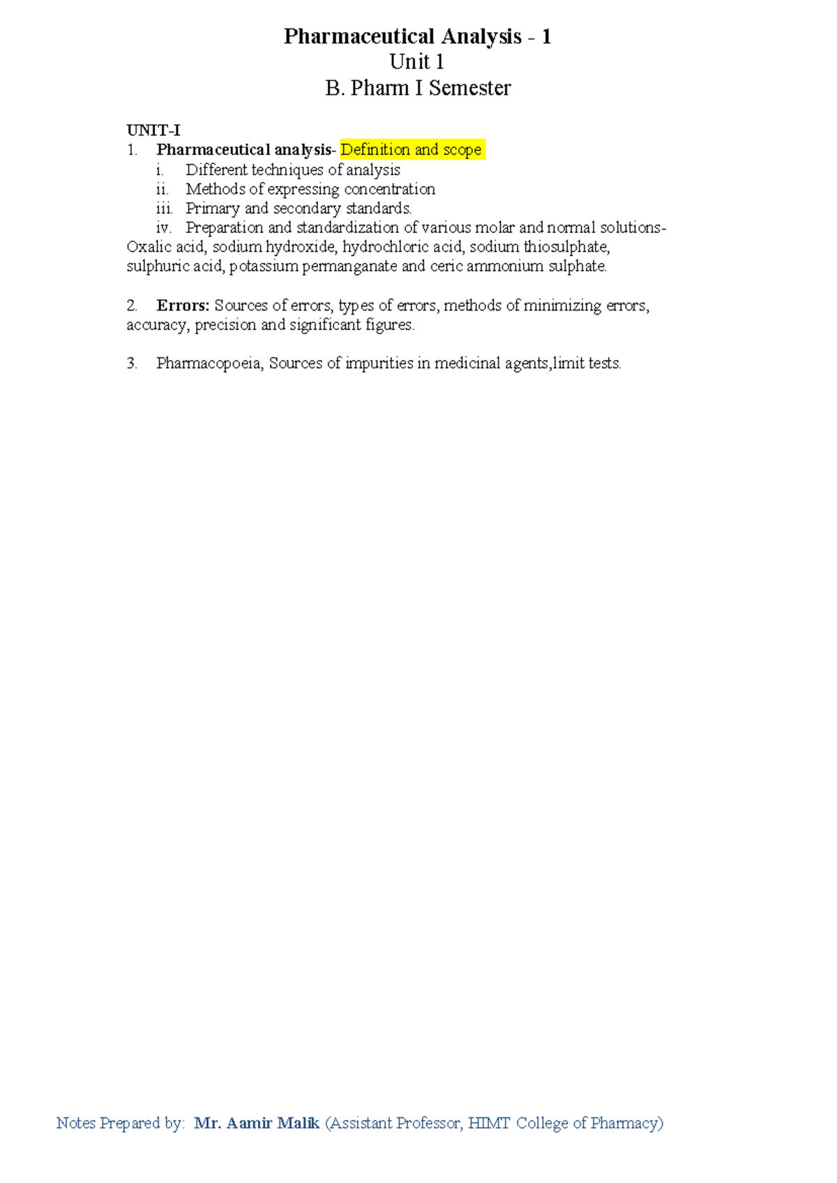 B. Pharm I Sem: Definition & Scope of Pharmaceutical Analysis Notes ...