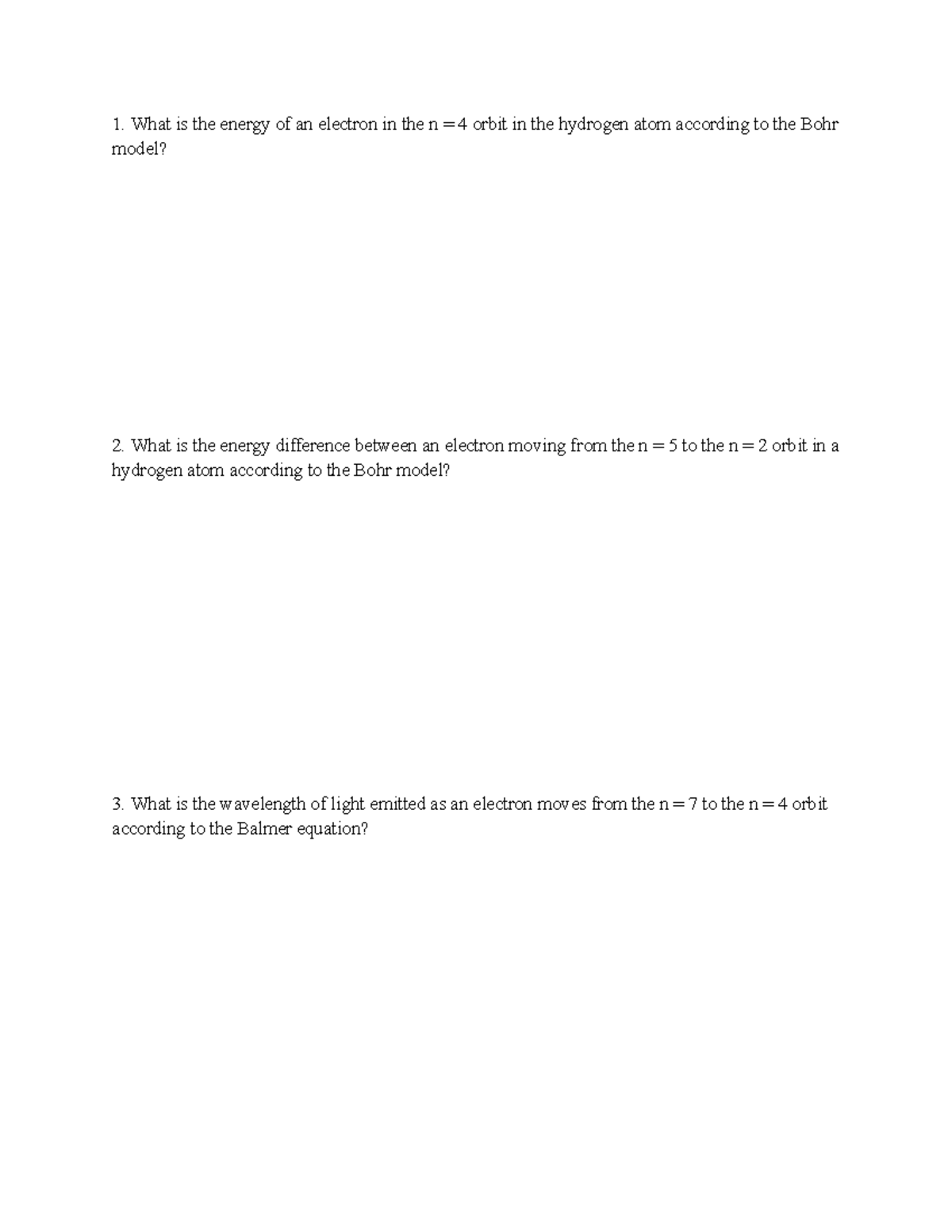 Exam 1 Supplemental Problems: Energy & Wavelength in Hydrogen Atom ...