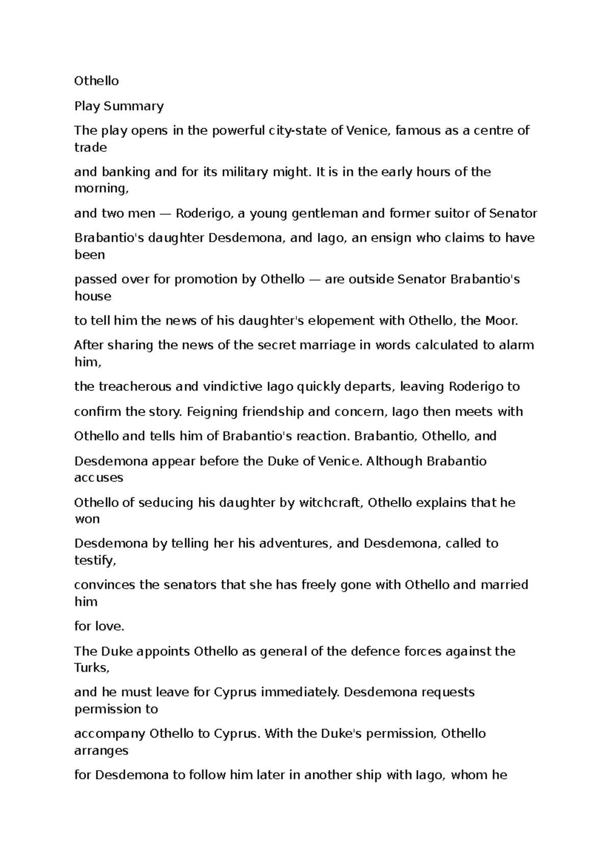 Othello Play Summary: Key Events and Characters Analysis - Studocu