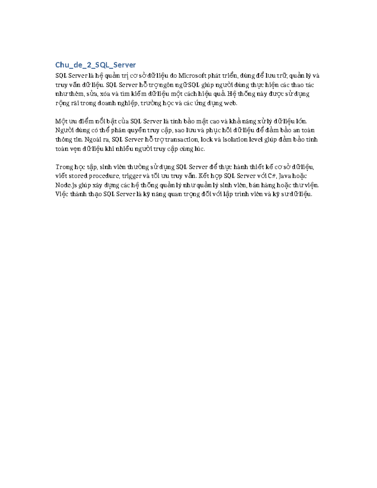Chu đề 2: Tìm Hiểu Về SQL Server và Ứng Dụng - Studocu