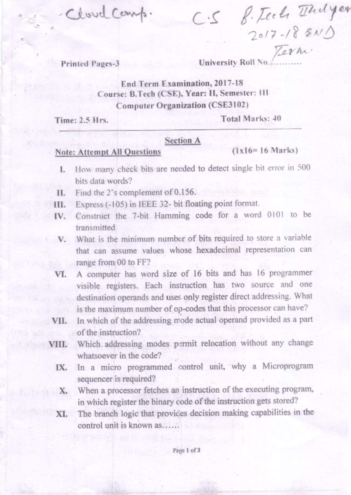 End Term Examination: B.Tech (CSE) - Computer Organization (CSE3102 ...