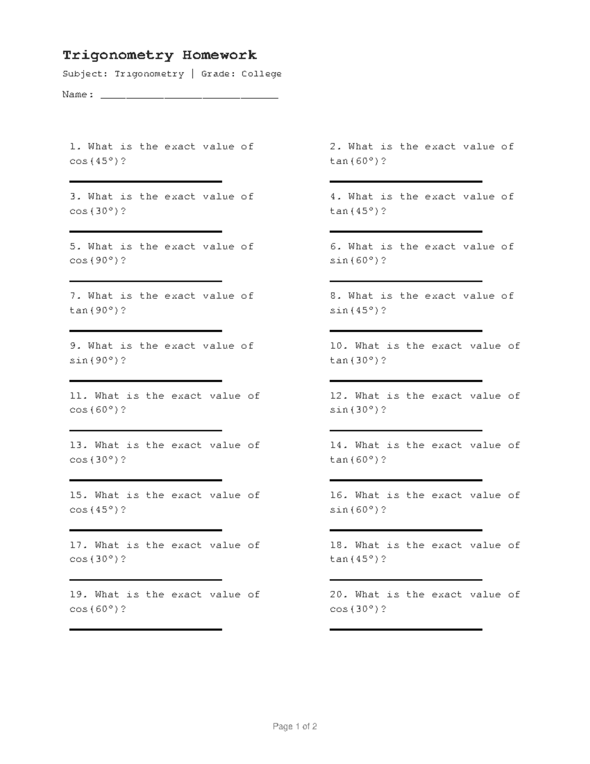 Trigonometry Homework 9: Exact Value Problems - Studocu
