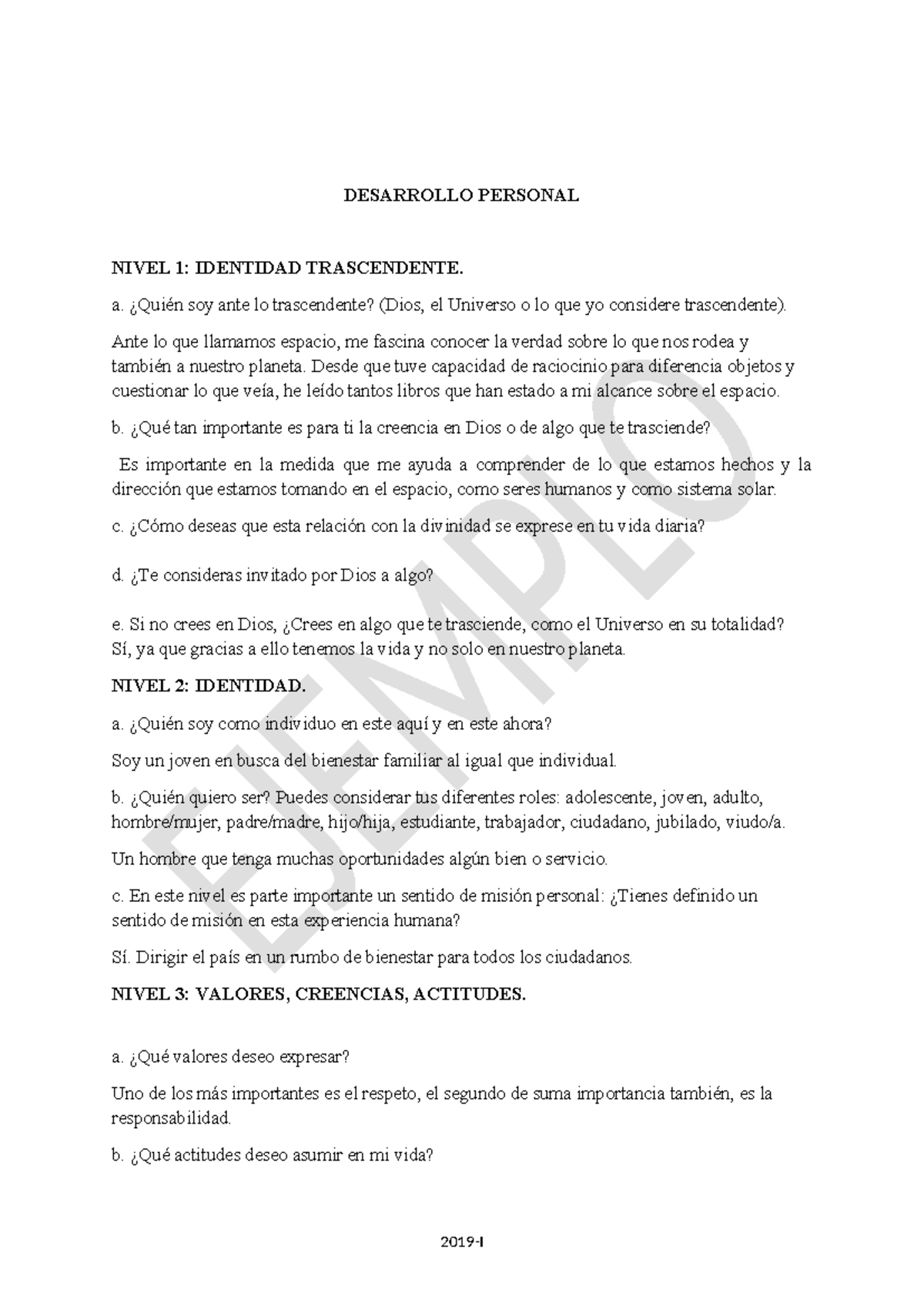 Proyecto de Vida: Identidad Trascendente y Valores - NIVEL 1 y 2 - Studocu