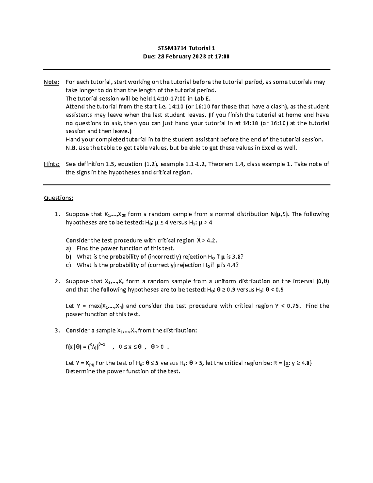 STSM3714 Tutorial 1 - The tutorial session will be held 14:10-17:00 in ...