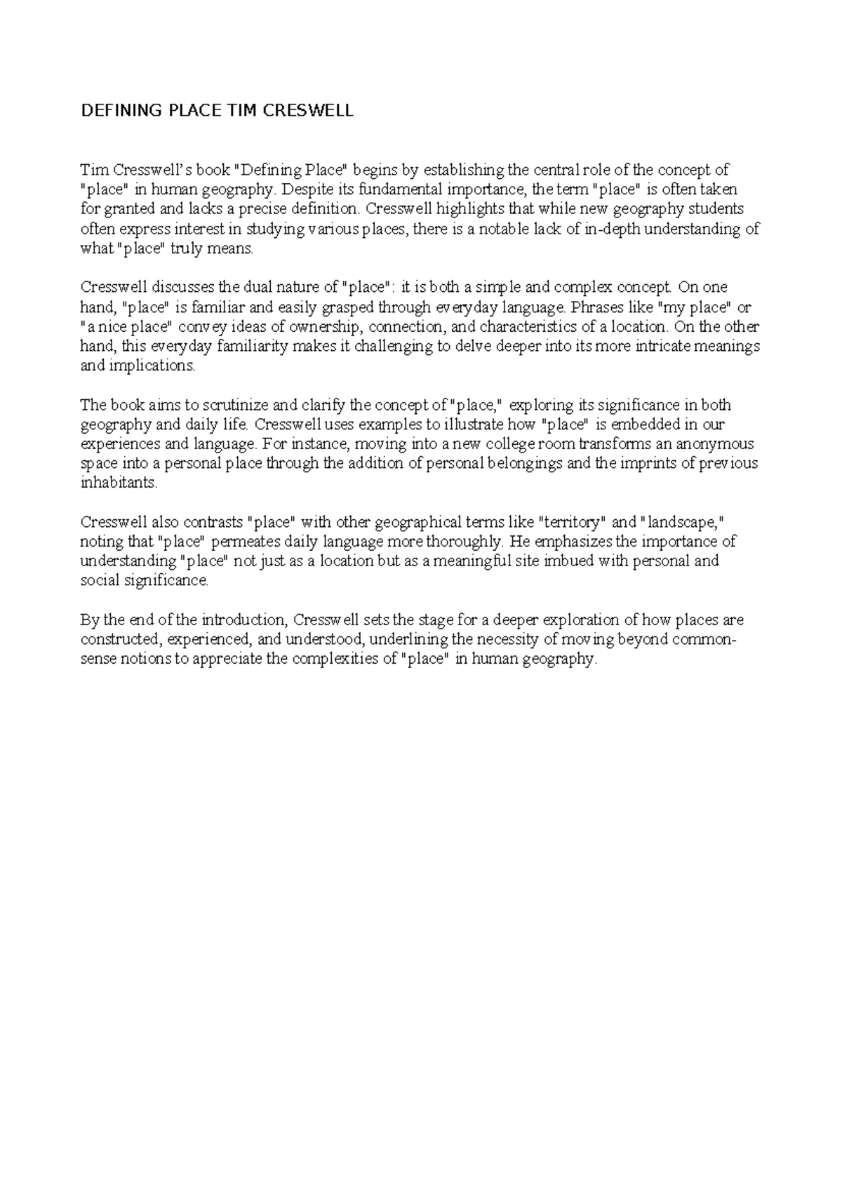 Defining Place: Insights from TIM Cresswell's Human Geography - Studocu