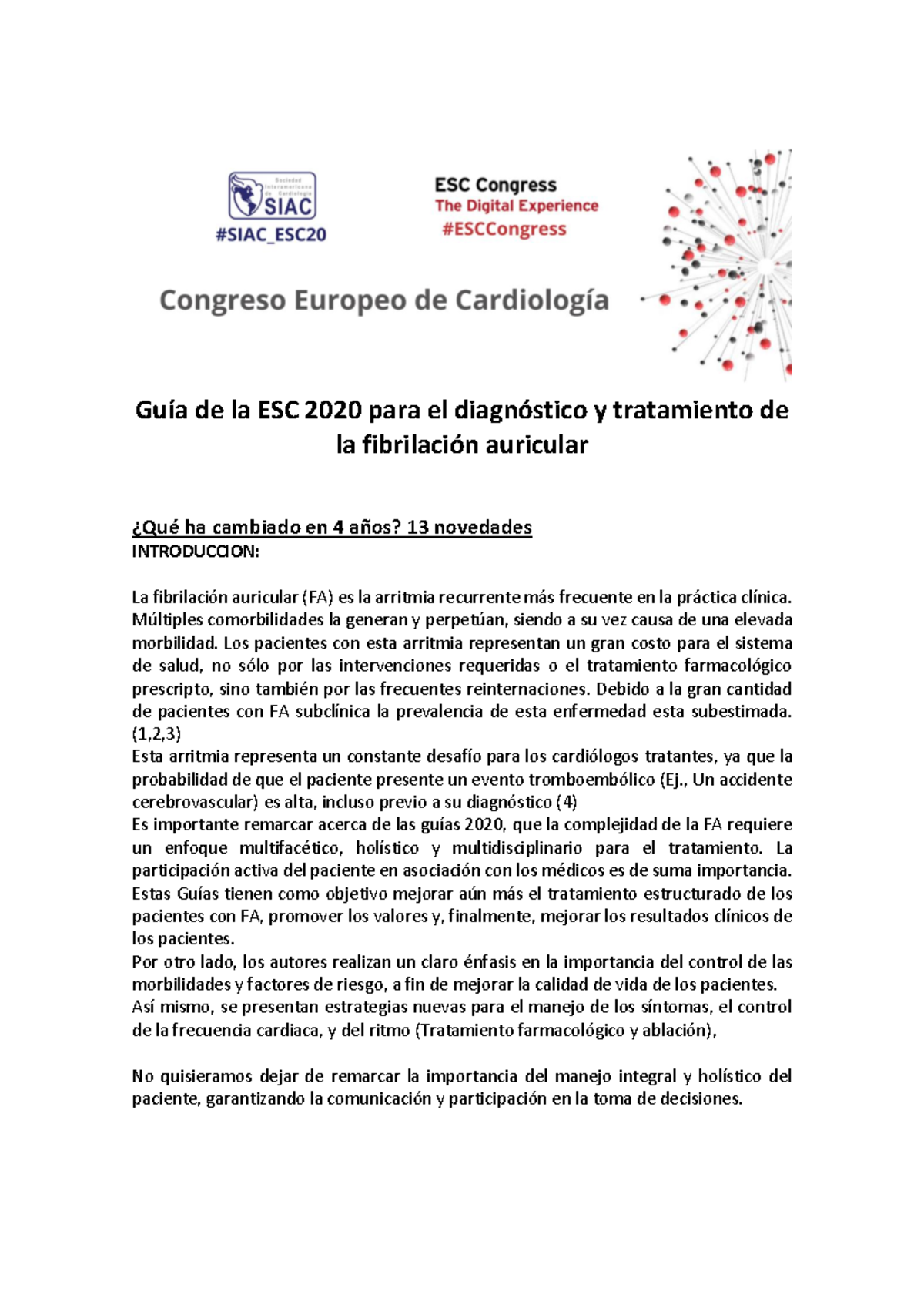 Guía de la ESC 2020 sobre Fibrilación Auricular y su Manejo - Studocu