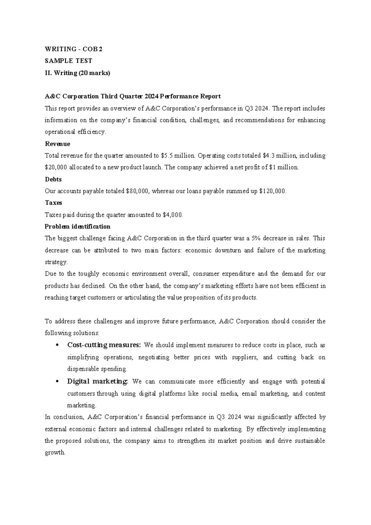 Writing - COB 2: Q3 2024 Performance Analysis & Recommendations - Studocu
