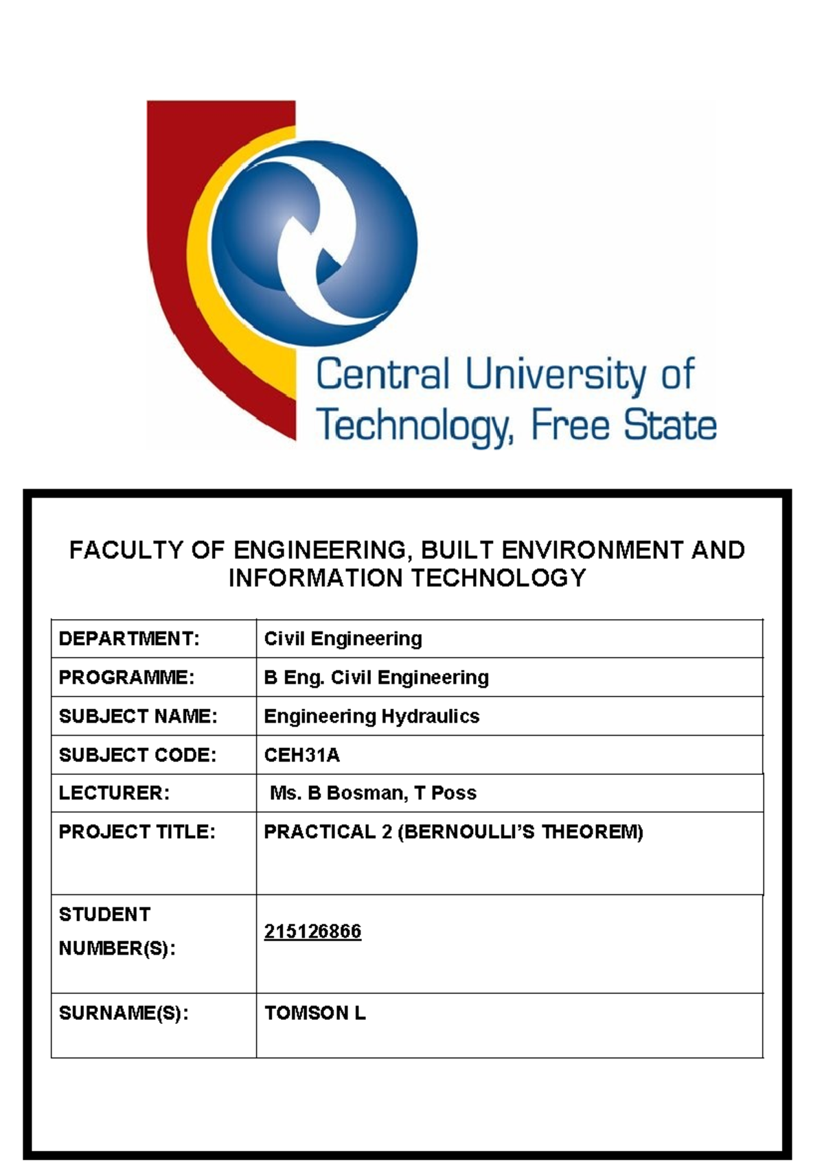 Practical 2: Bernoulli's Theorem Analysis (CEH31A) - Studocu