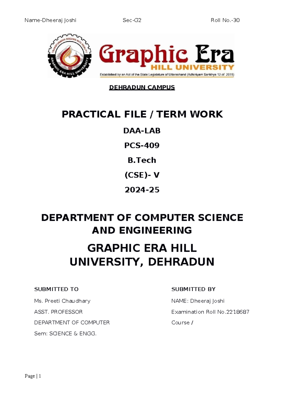 DAA Lab Practical Report - B.Tech CSE - 2024 - Studocu