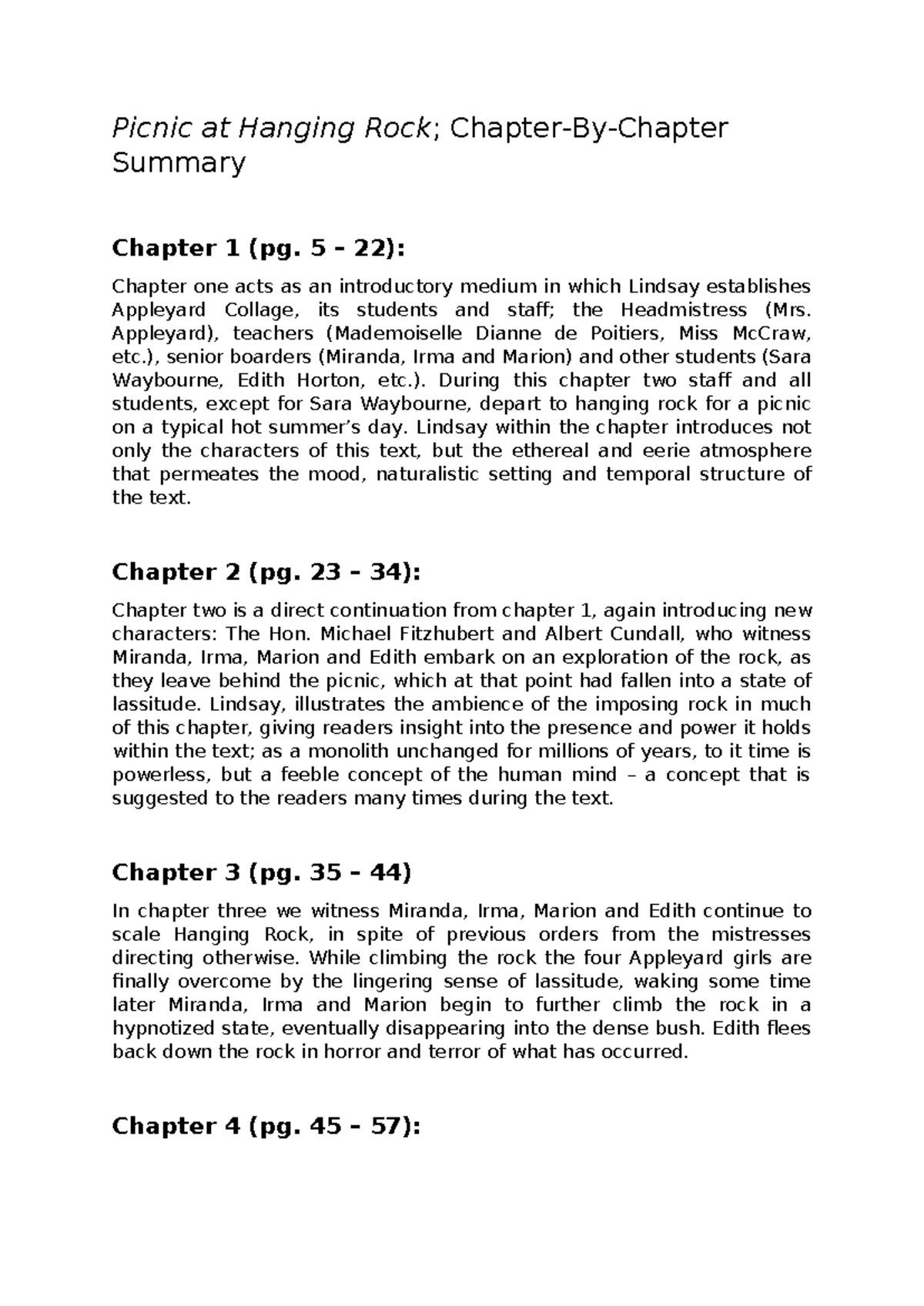 Picnic at Hanging Rock: Detailed Chapter Summary Analysis - Studocu