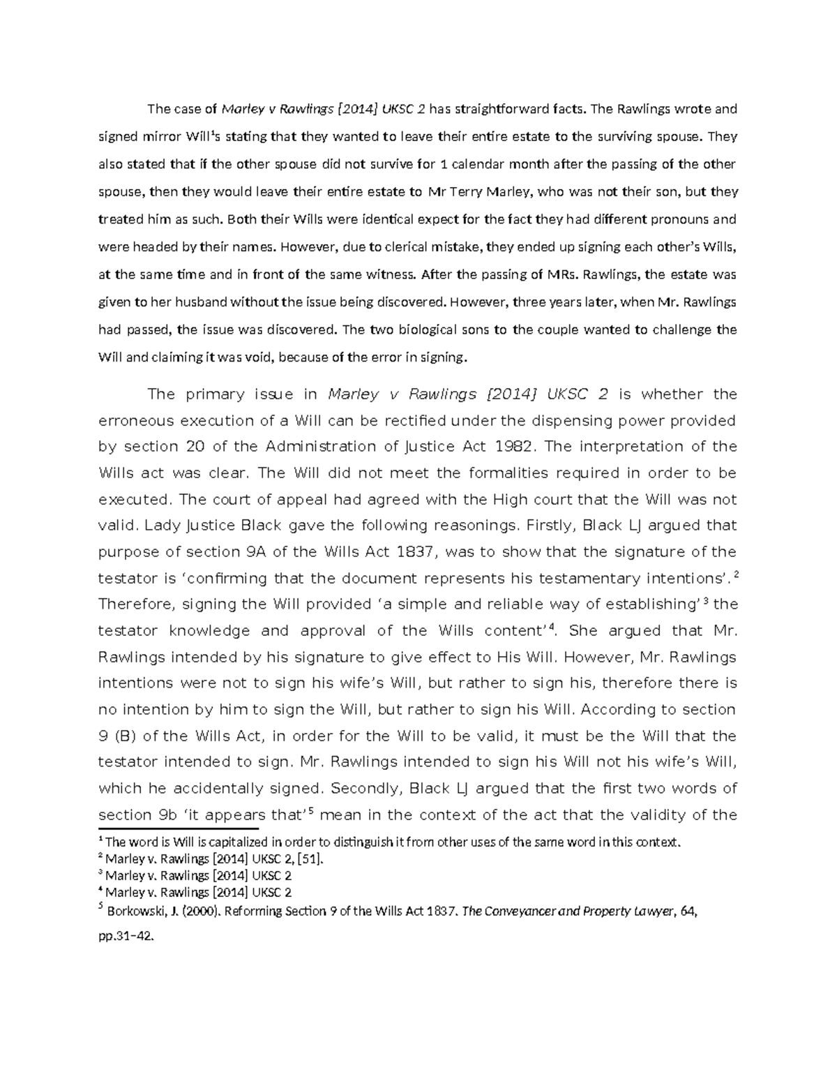 Marley v Rawlings [2014] UKSC 2: Case Commentary Draft 1 Analysis - Studocu