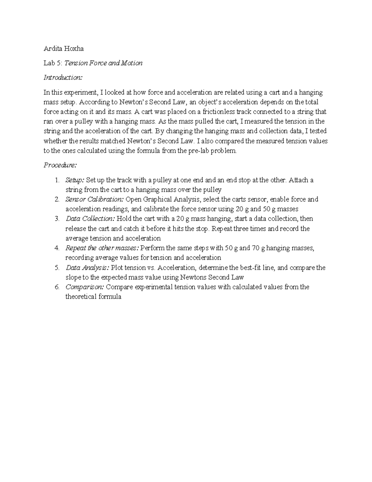 Lab Report 5: Tension Force & Motion Analysis (Physics 101) - Studocu