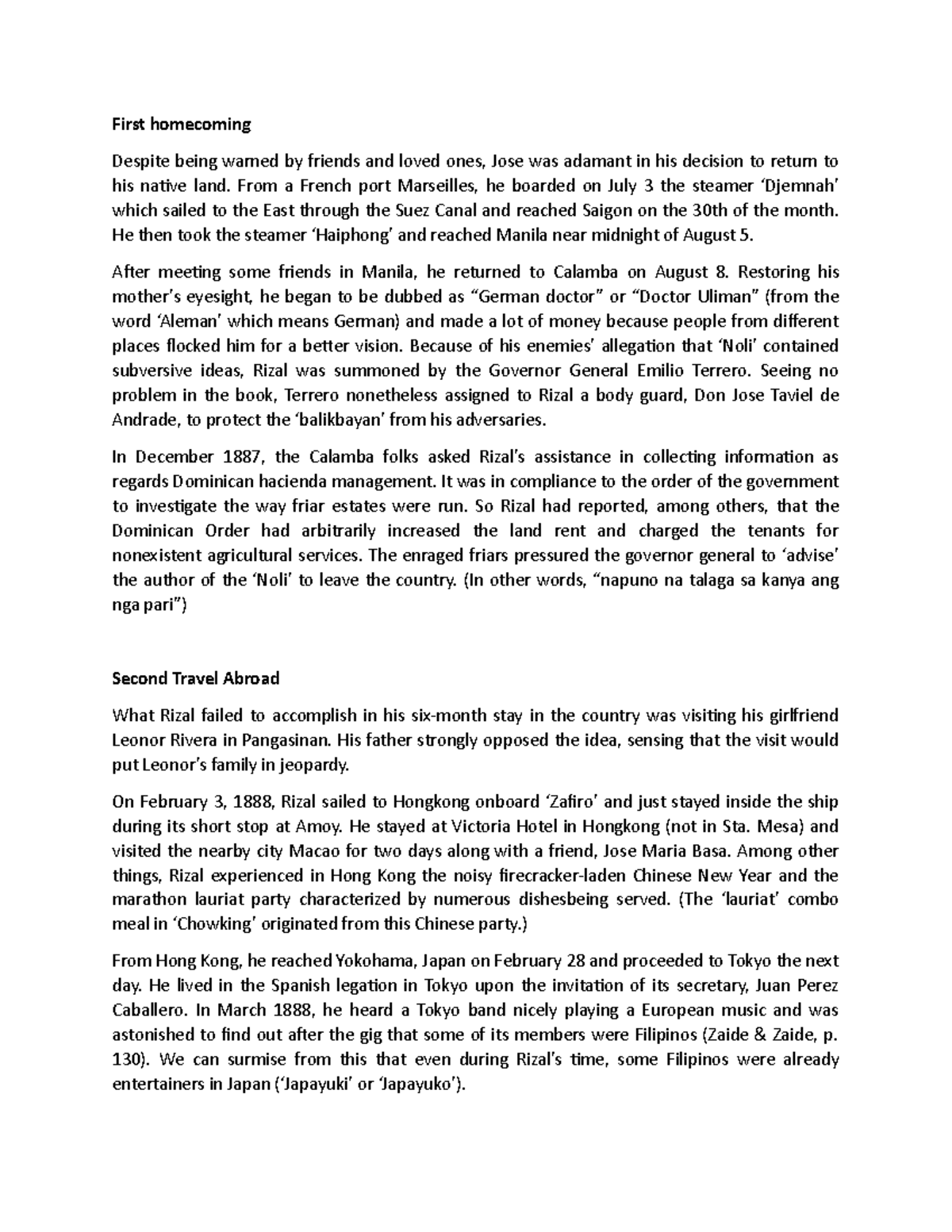 Lesson 5 Lecture Notes - The Travels of Rizal - First homecoming ...