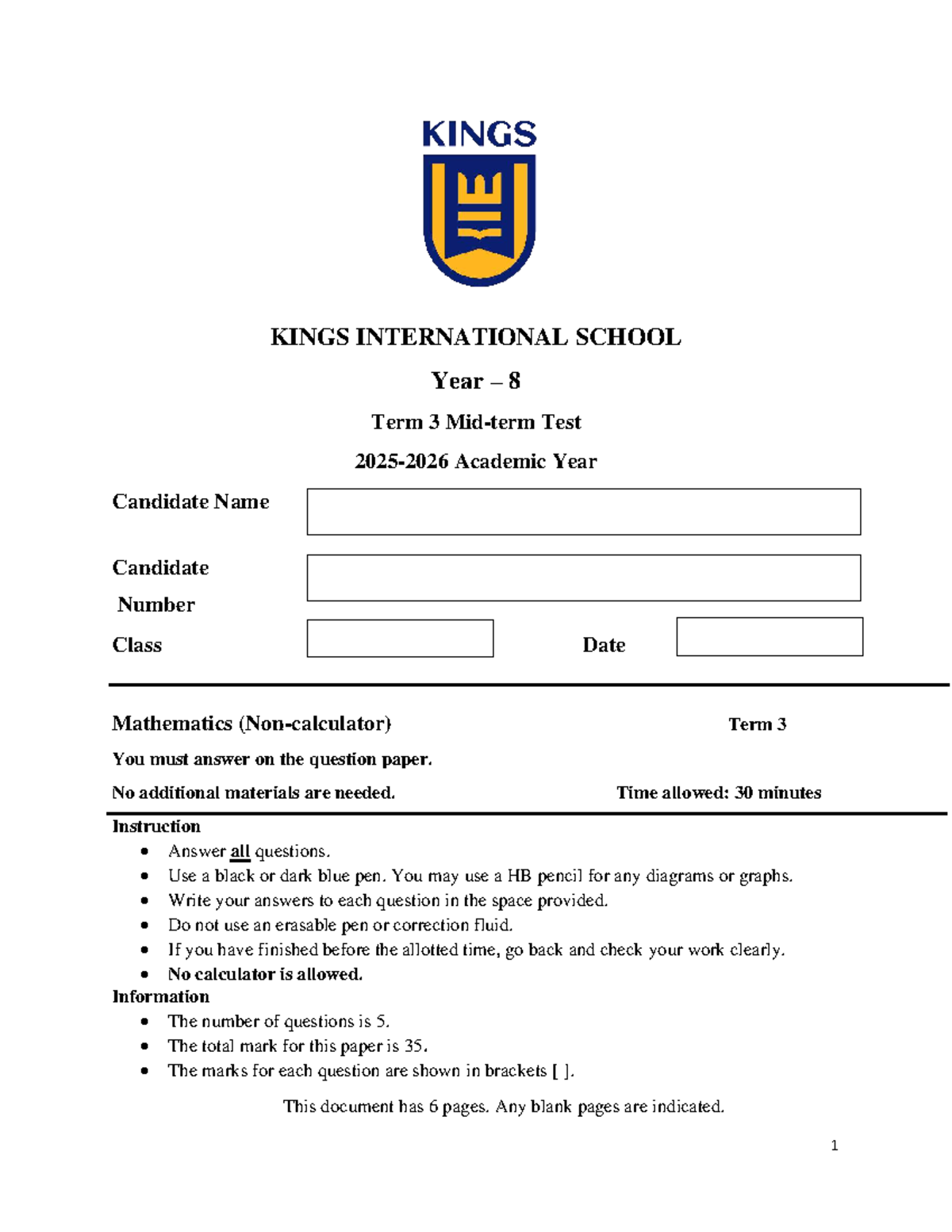 Y8 Math (T3 2026) Term 3 Test Instructions and Questions - Studocu