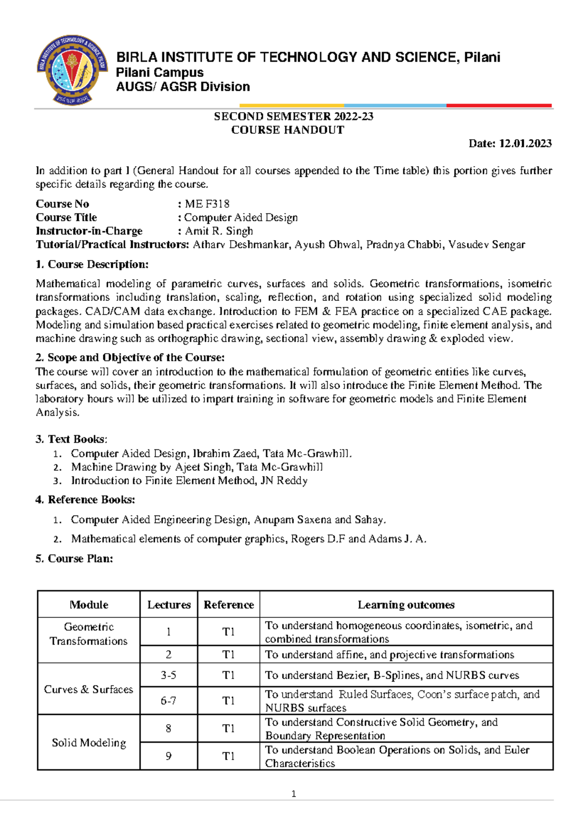 ME F Computer Aided Design Course Handout - Semester II 2022 - Studocu