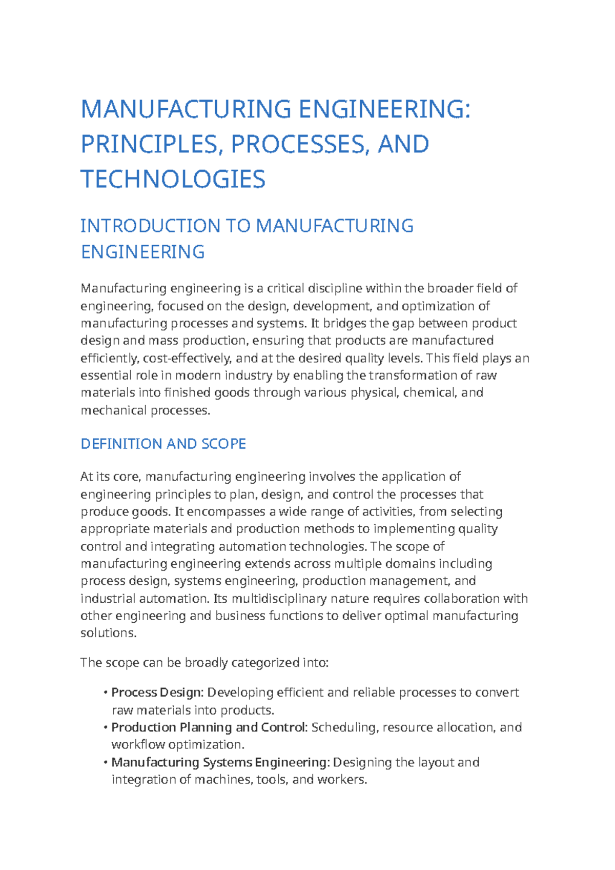 Manufacturing Engineering (ENGR 101): Principles and Processes Overview ...