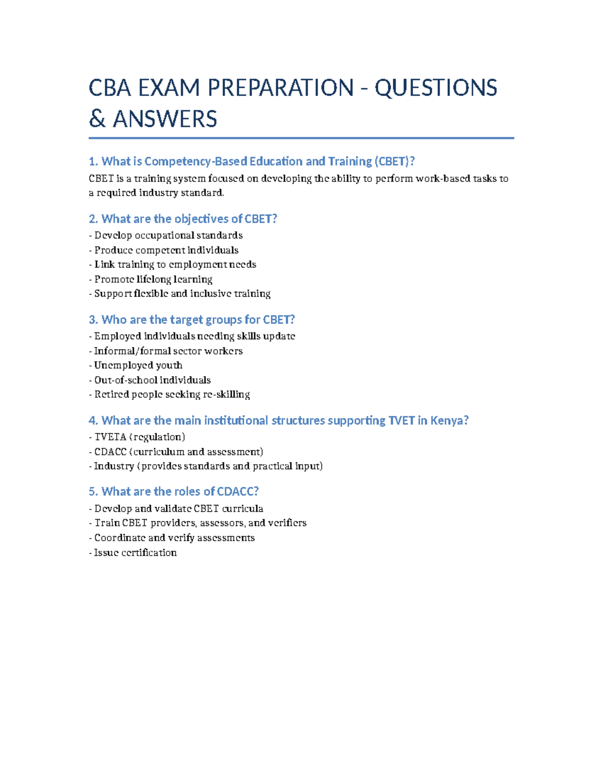 CBA EXAM PREP: Questions & Answers on CBET and TVET - Studocu