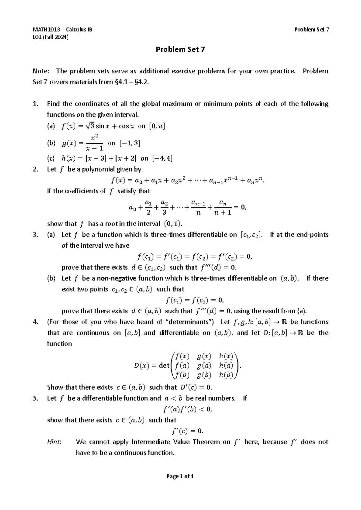 1013L1 Problem Set 7 - math 1013 L1 - L01 (Fall 2024) Problem Set 7 Note: The problem sets serve ...