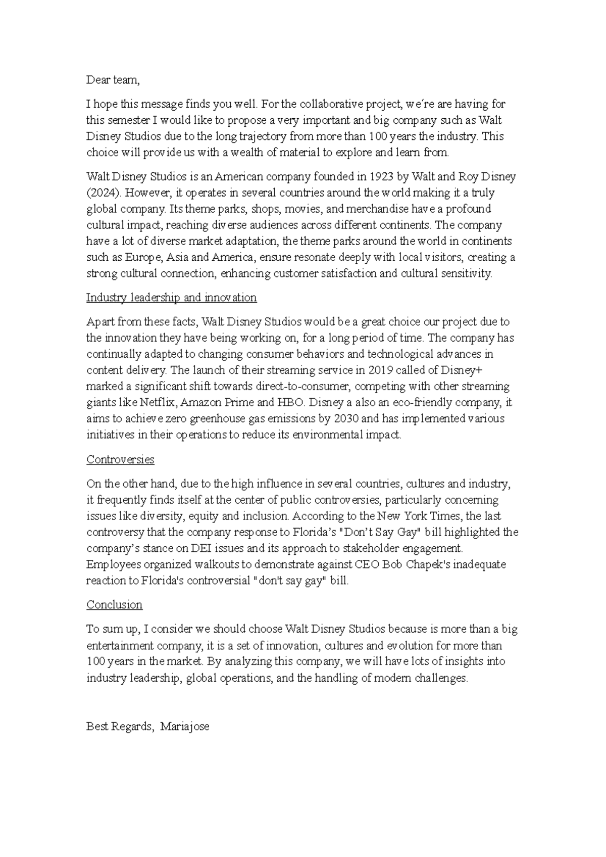 Task 3 - Proposal for Collaborative Project on Walt Disney Studios - Studocu